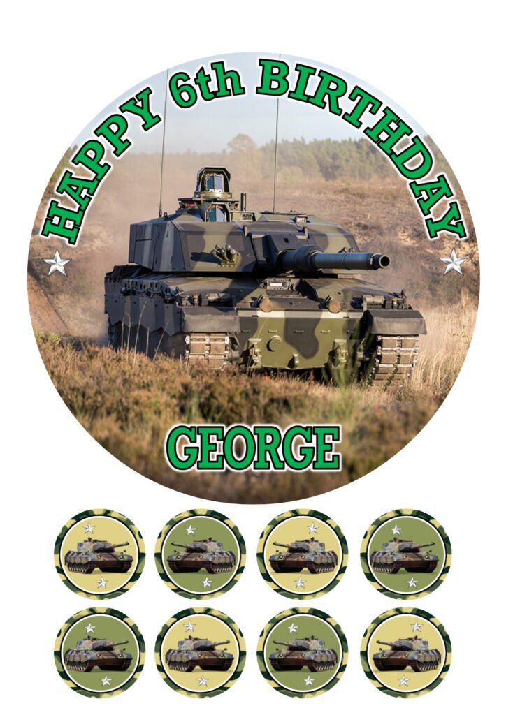 ARMY TANK Icing Birthday Cake Topper & 8 Cupcake Toppers (Version 1)