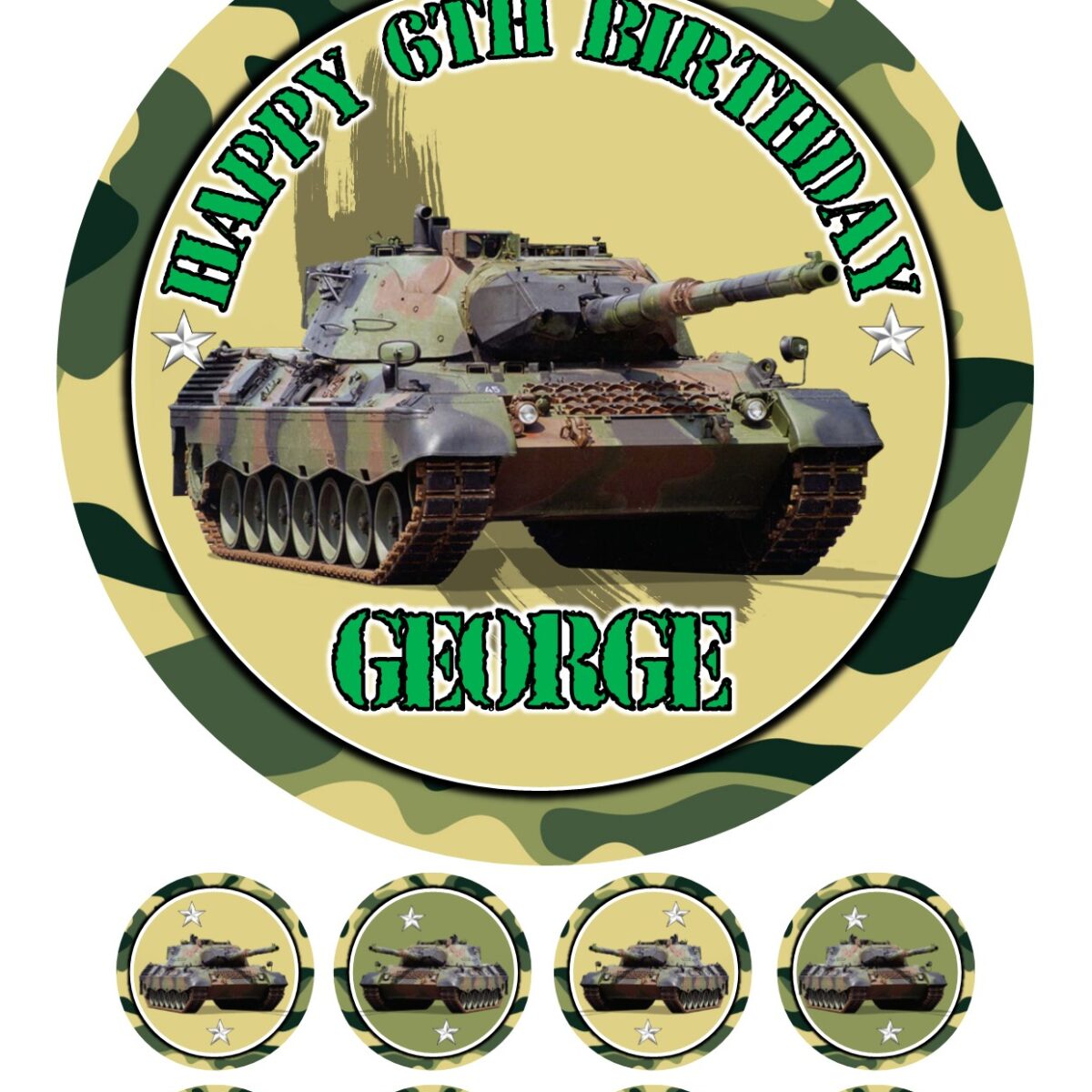 ARMY TANK Icing Birthday Cake Topper & 8 Cupcake Toppers (Version 1)