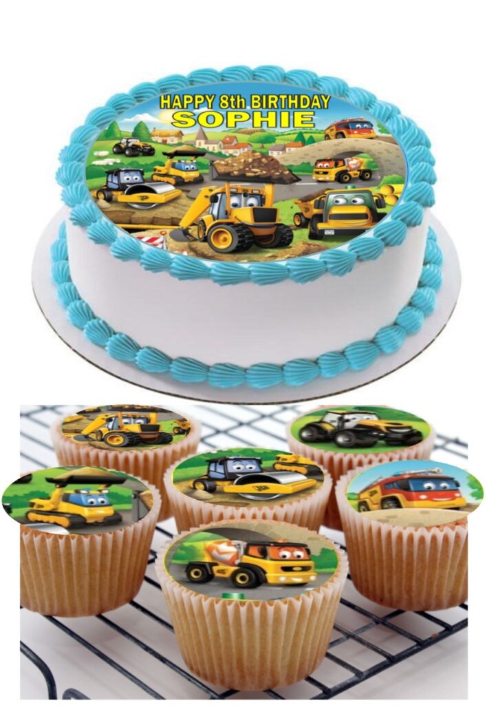 Kids JCB Digger Tractor Icing Birthday Cake Topper & 8 Cupcake Toppers