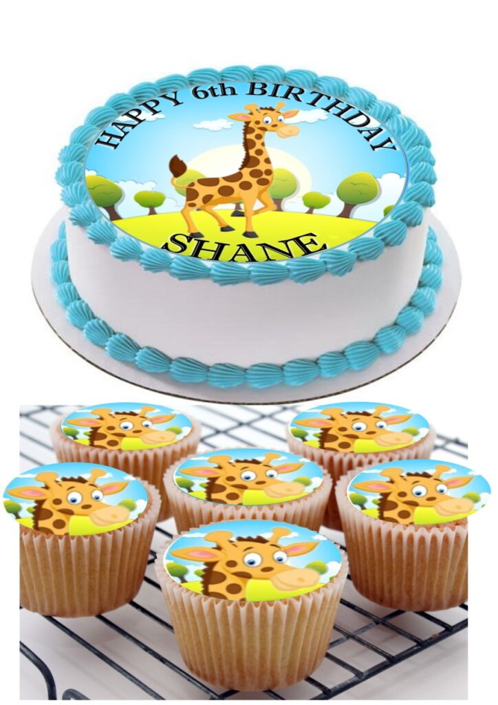 Giraffe Icing Birthday Cake Topper & 8 Cupcake Toppers