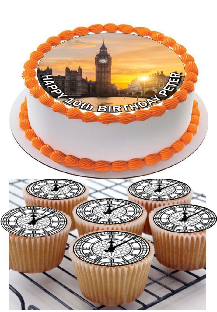 LONDON BIG BEN CLOCK Cake Topper & 8 Cupcake Toppers