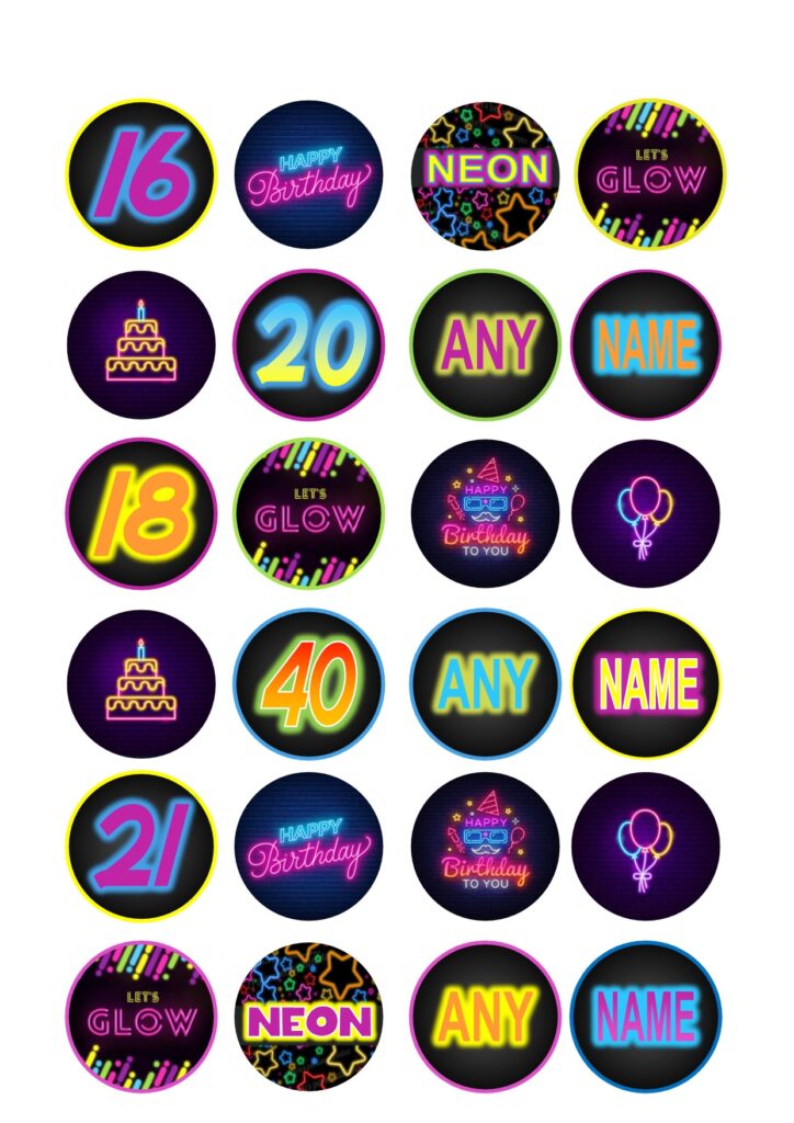24x NEON GLOW STICK ICING CUPCAKE TOPPERS (PERSONALISED WITH NAME & AGE)
