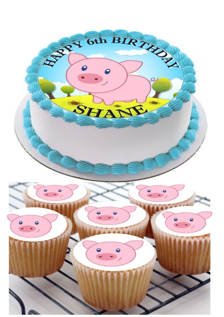 Cute Pig Icing Birthday Cake Topper & 8 Cupcake Toppers