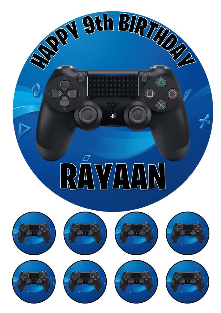PlayStation Controller Icing Birthday Cake Topper & 8 Cupcake Toppers