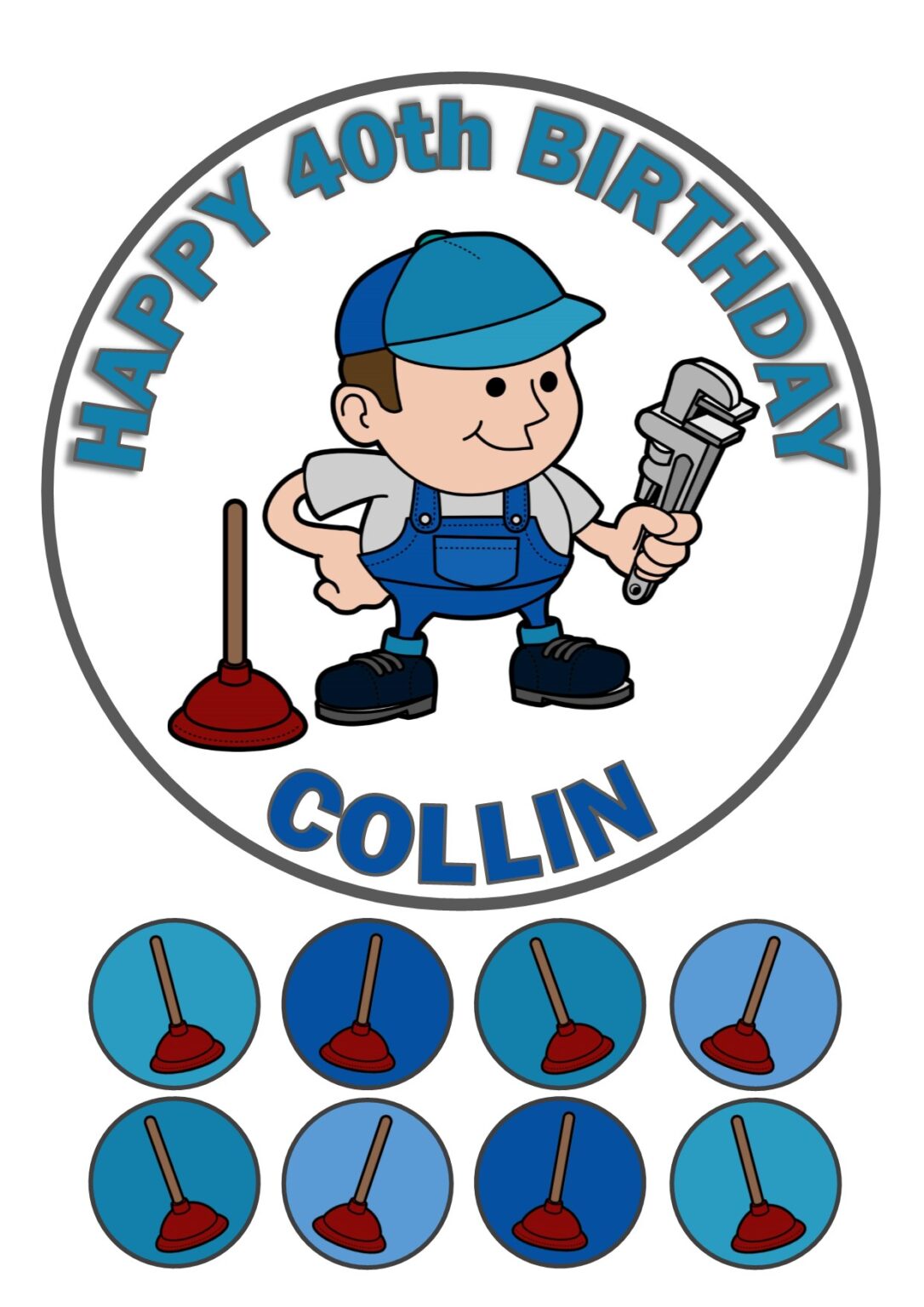 Plumber Handyman Icing Birthday Cake Topper & 8 Cupcake Toppers