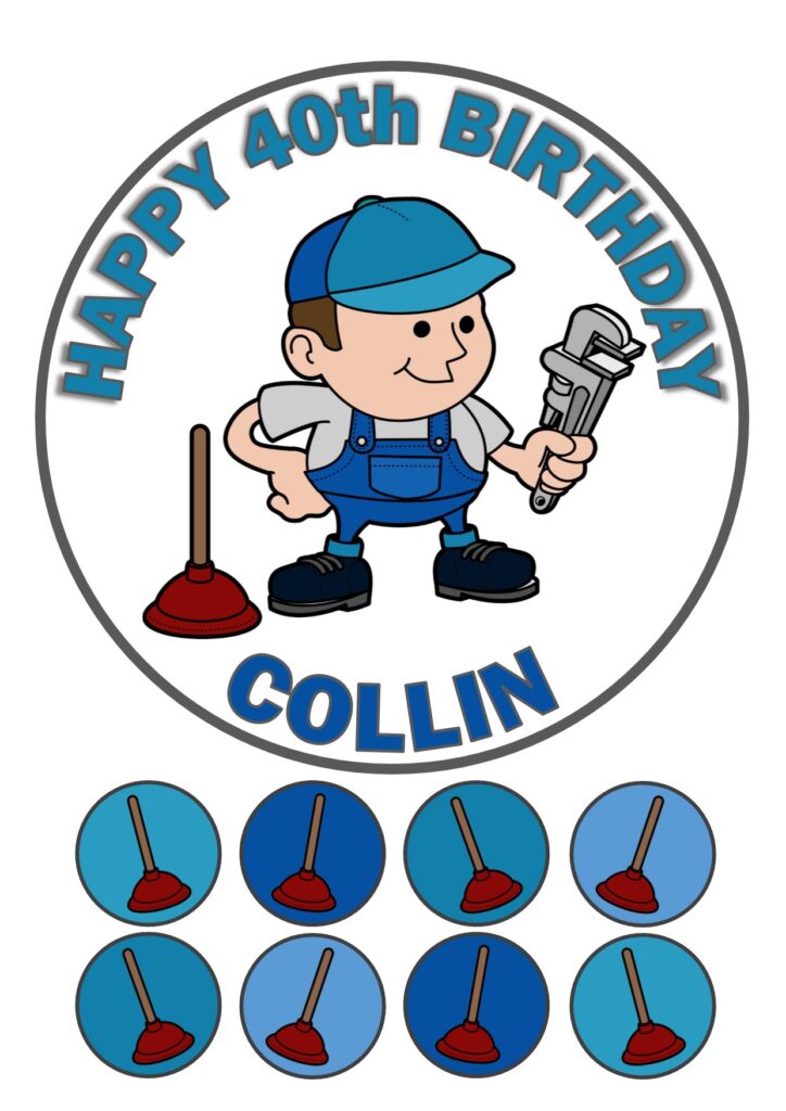 Plumber Handyman Icing Birthday Cake Topper & 8 Cupcake Toppers