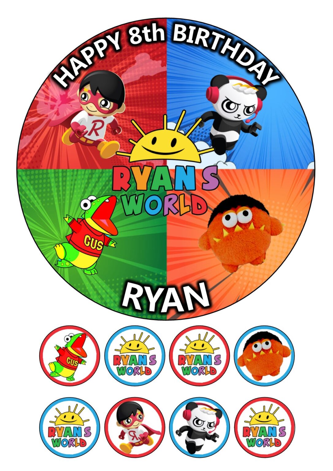 Ryans World Icing Birthday Cake Topper & 8 Cupcake Toppers