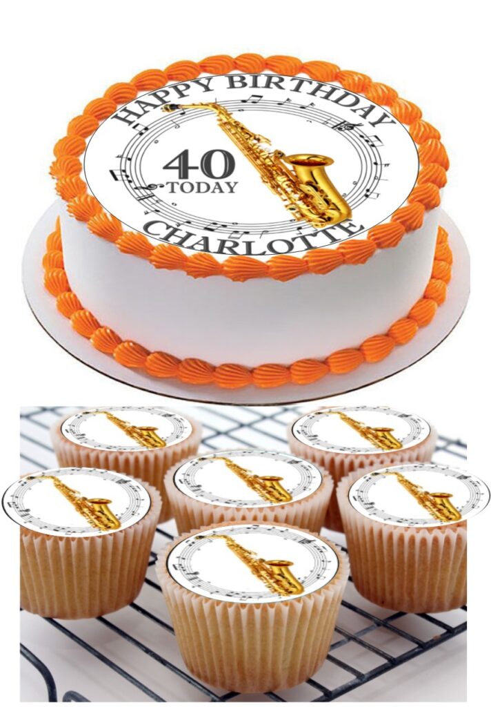 SAXOPHONE Icing Birthday Cake Topper & 8 Cupcake Toppers