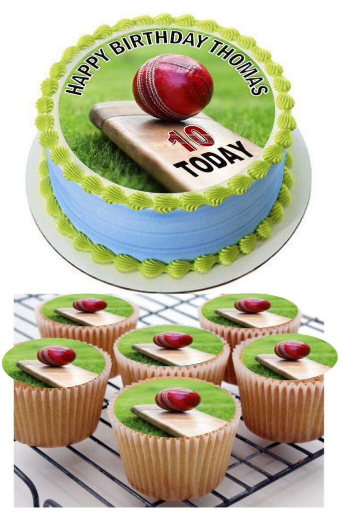 Cricket Bat Birthday Cake Topper & 8 Cupcake Toppers