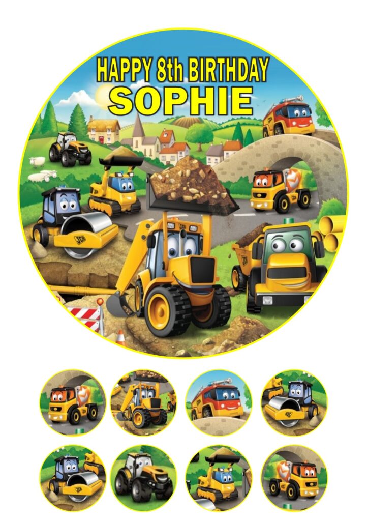 Kids JCB Digger Tractor Icing Birthday Cake Topper & 8 Cupcake Toppers