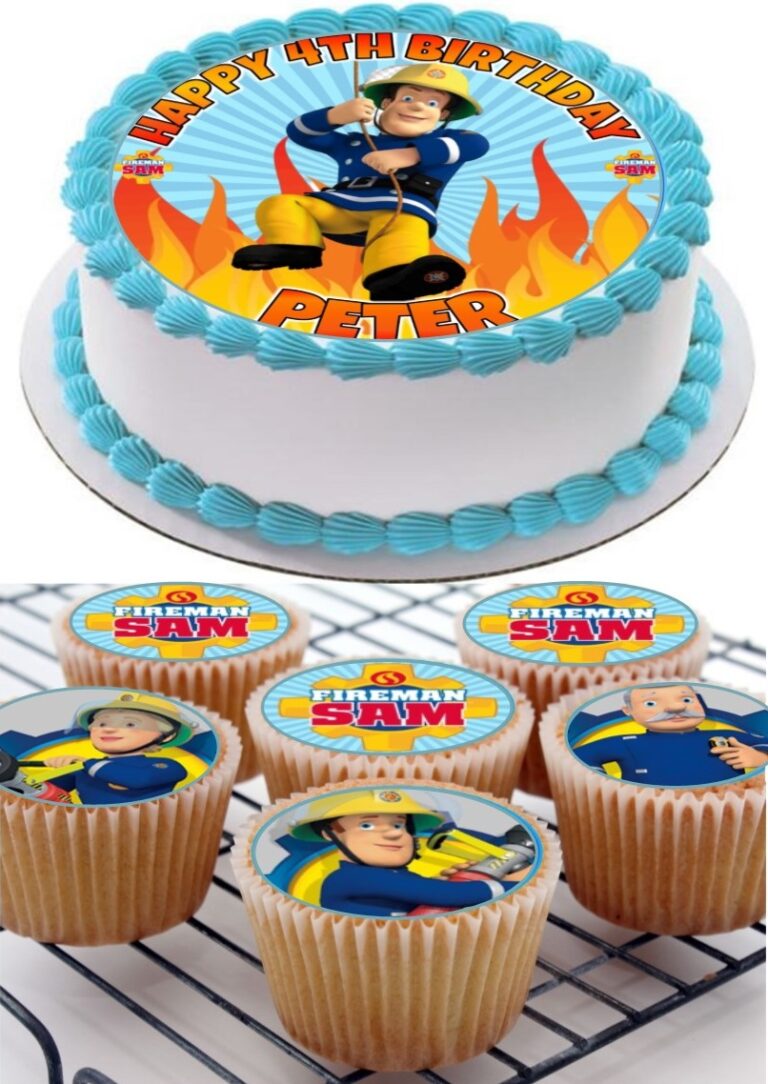 Fireman Sam Icing Birthday Cake Topper & 8 Cupcake Toppers