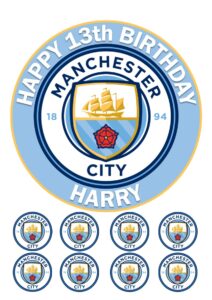 Manchester City Icing Birthday Cake Topper & 8 Cupcake Toppers