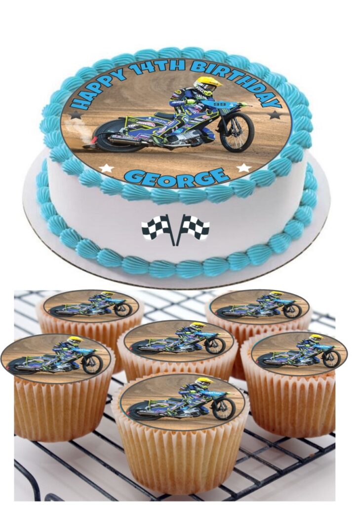 Speedway Motorbike Icing Birthday Cake Topper & 8 Cupcake Toppers