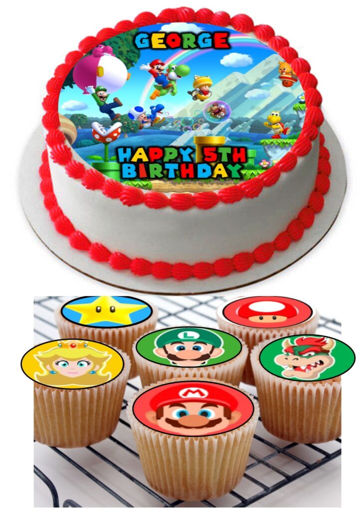 Super Mario Icing Birthday Cake Topper & 8 Cupcake Toppers