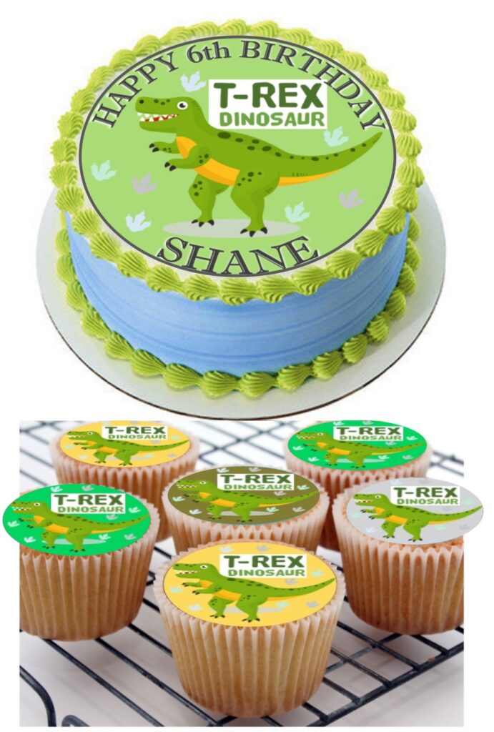 T-Rex Tyrannosaurus Dinosaur Icing Birthday Cake Topper & 8 Cupcake Toppers