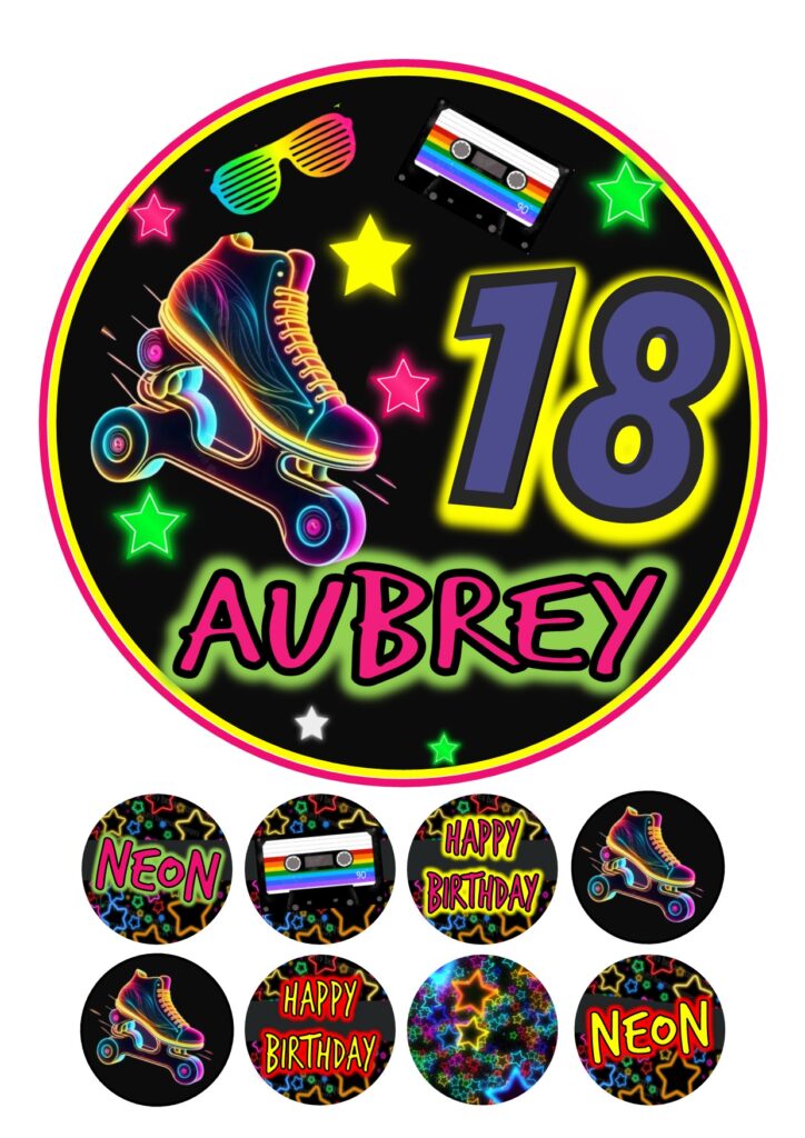 Neon Glow Icing Birthday Cake Topper & 8 Cupcake Toppers