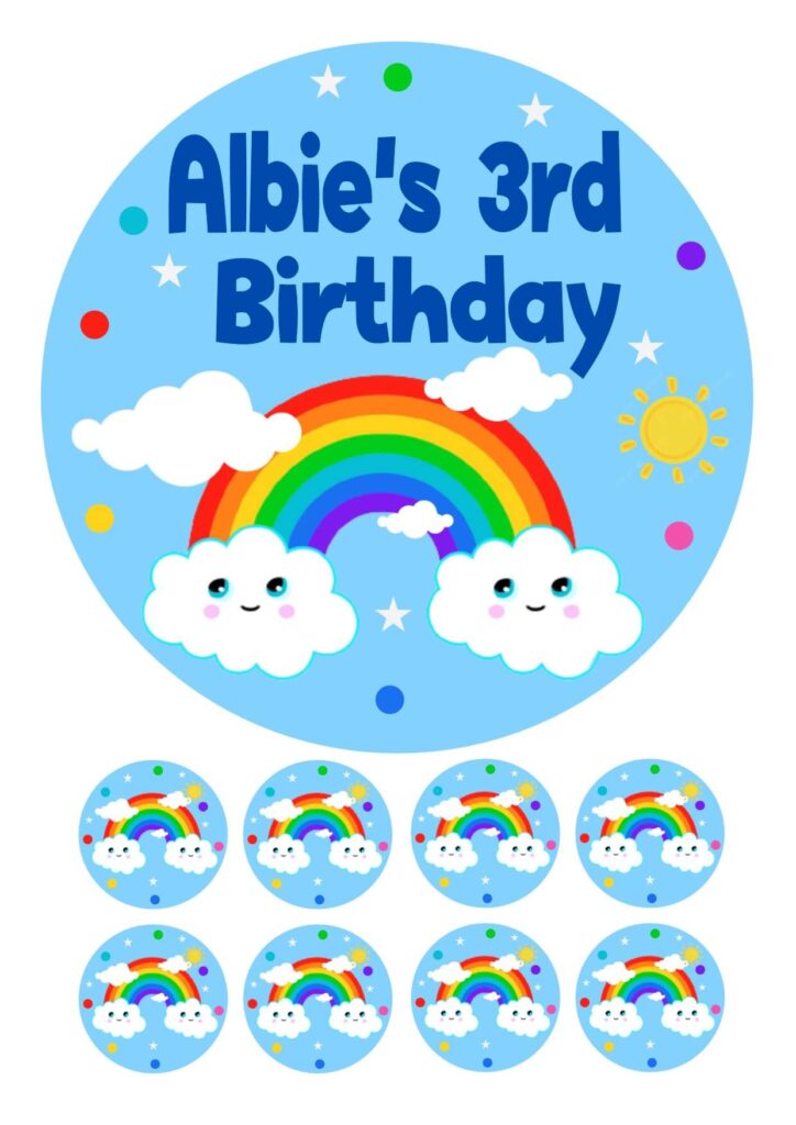 Rainbow Icing Birthday Cake Topper & 8 Cupcake Toppers (Blue Background)