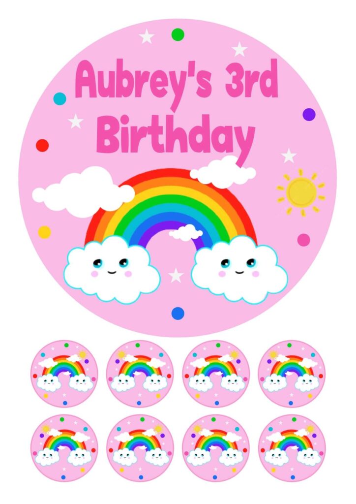 Rainbow Icing Birthday Cake Topper & 8 Cupcake Toppers (Pink Background)
