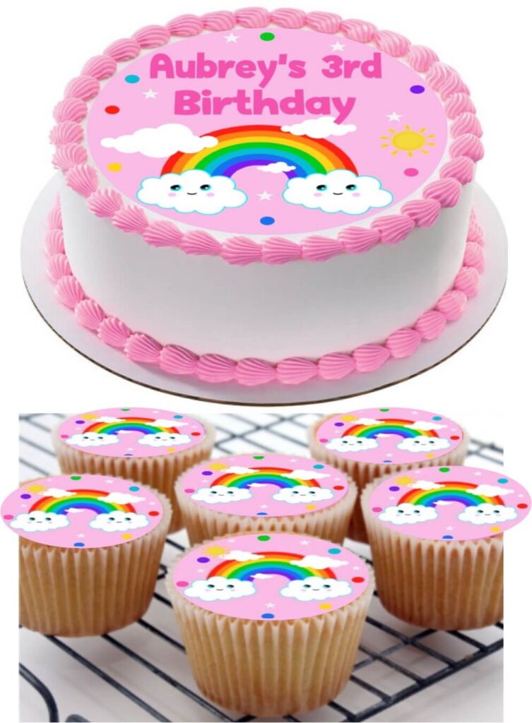 Rainbow Icing Birthday Cake Topper & 8 Cupcake Toppers (Pink Background)