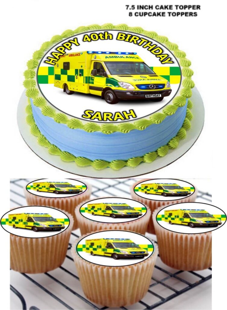 Ambulance Van Icing Birthday Cake Topper & 8 Cupcake Toppers