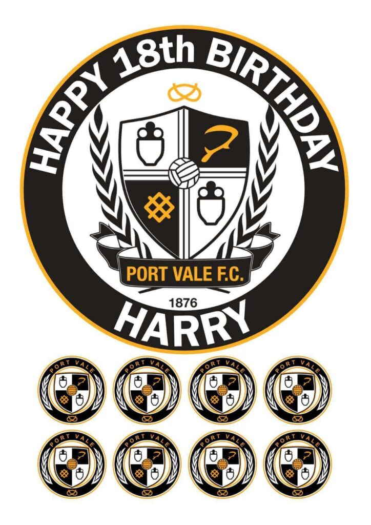 Port Vale FC Icing Birthday Cake Topper & 8 Cupcake Toppers