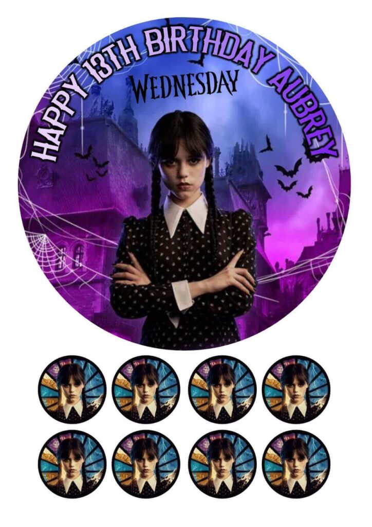 Wednesday Addams Icing Birthday Cake Topper & 8 Cupcake Toppers