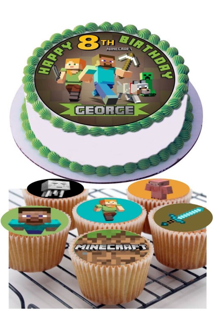 Minecraft Icing Birthday Cake Topper & 8 Cupcake Toppers