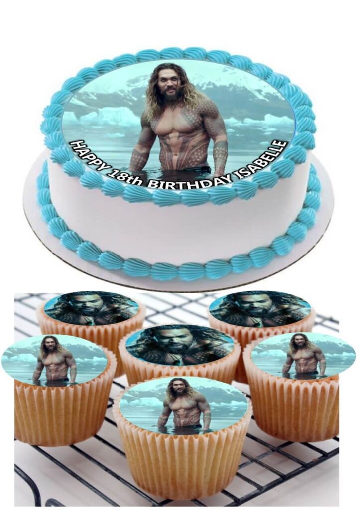 Jason Momoa Aqua Man Icing Birthday Cake Topper & 8 Cupcake Toppers