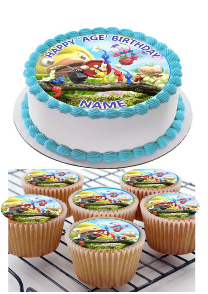Pikmin Icing Birthday Cake Topper & 8 Cupcake Toppers