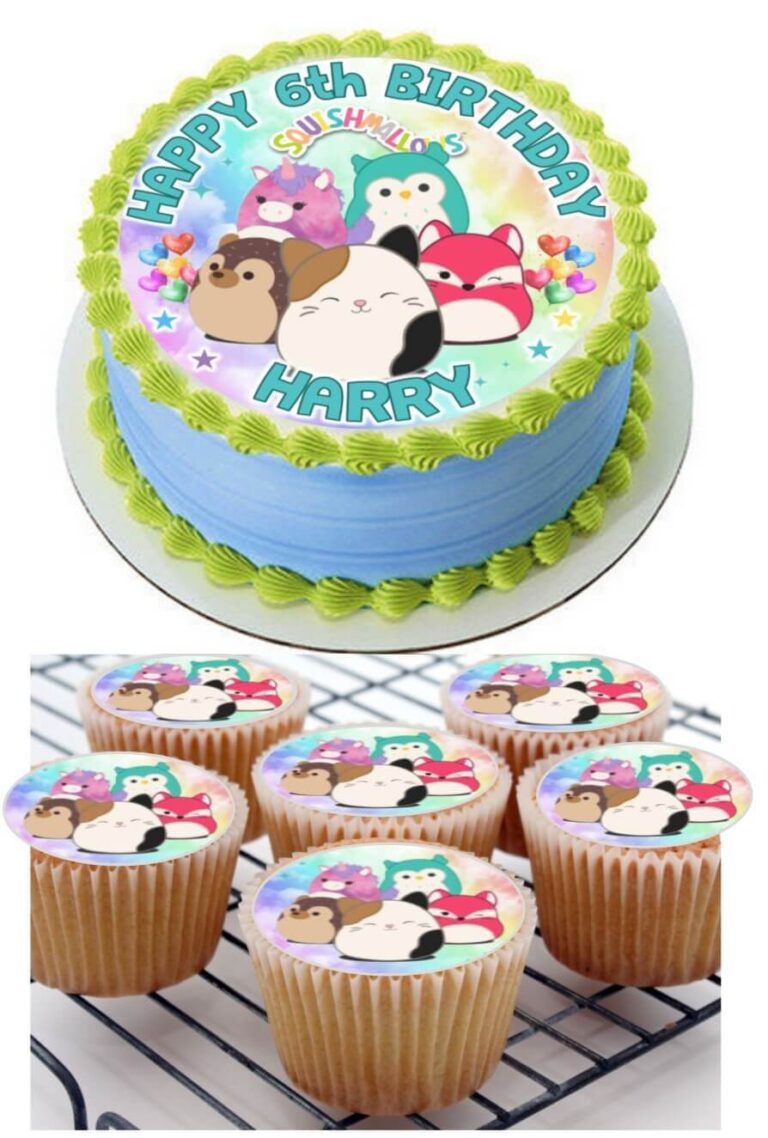 Squishmallow Icing Birthday Cake Topper & 8 Cupcake Toppers