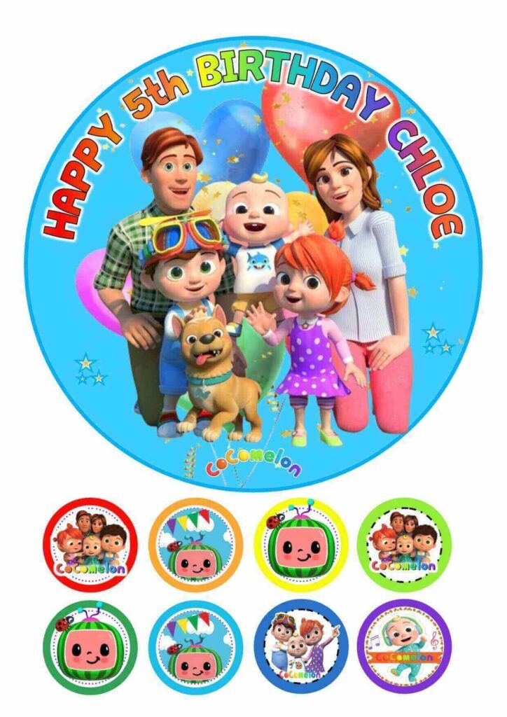 Cocomelon Icing Birthday Cake Topper & 8 Cupcake Toppers