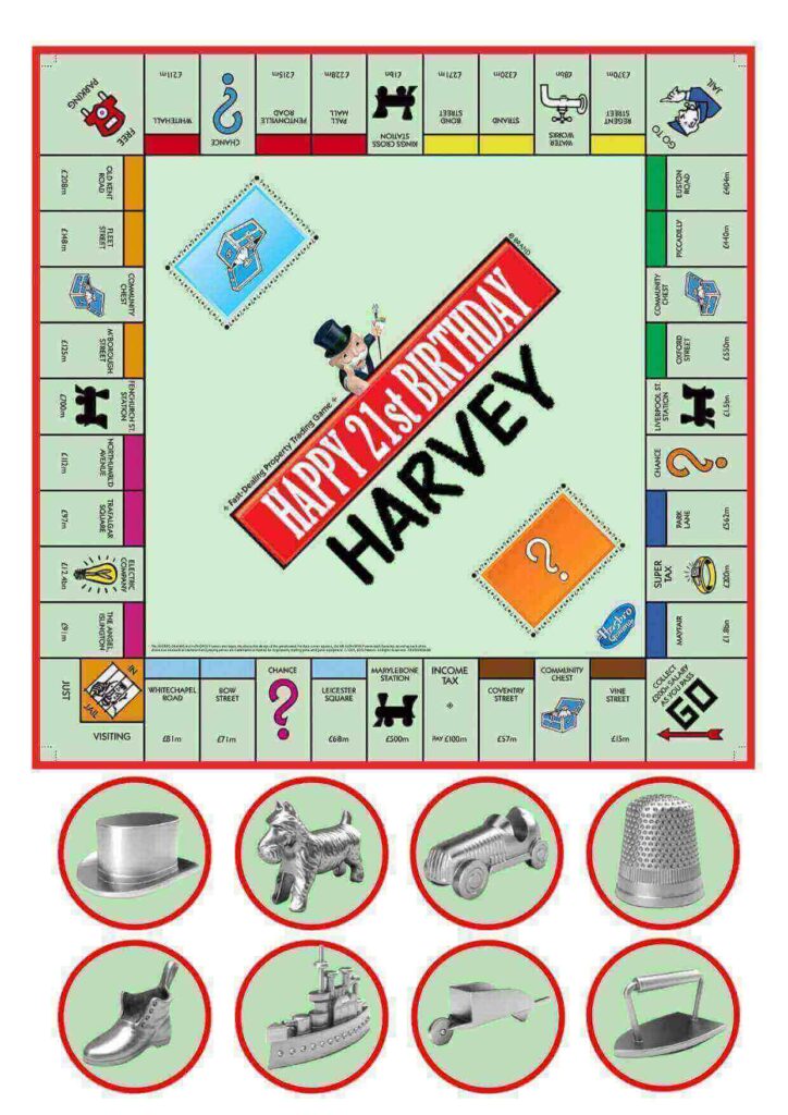 Personalised Monopoly Board Icing Birthday Cake Topper & 8 Cupcake Toppers