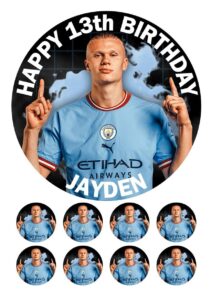 Erling Haaland (Man City) Icing Birthday Cake Topper & 8 Cupcake Toppers