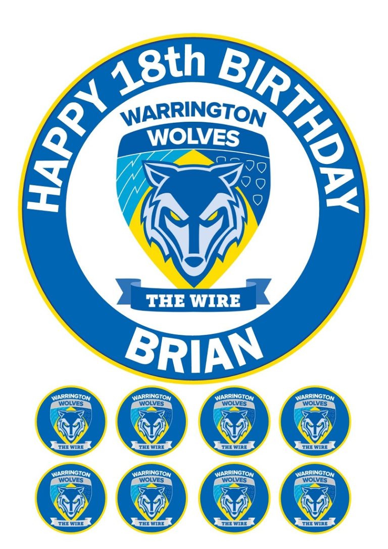 Warrington Wolves Rugby Club Icing Birthday Cake Topper & 8 Cupcake Toppers