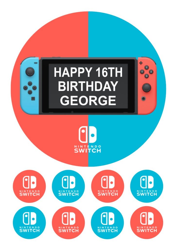Nintendo Switch Icing Birthday Cake Topper & 8 Cupcake Toppers