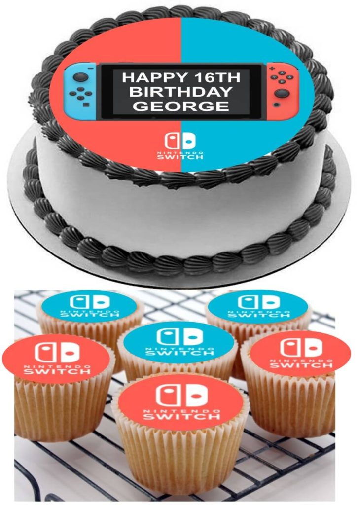 Nintendo Switch Icing Birthday Cake Topper & 8 Cupcake Toppers