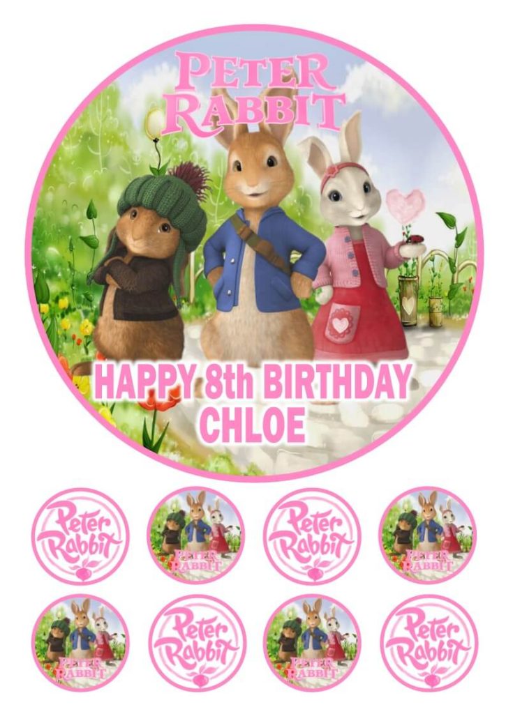 Peter Rabbit Icing Birthday Cake Topper & 8 Cupcake Toppers (Pink Text)