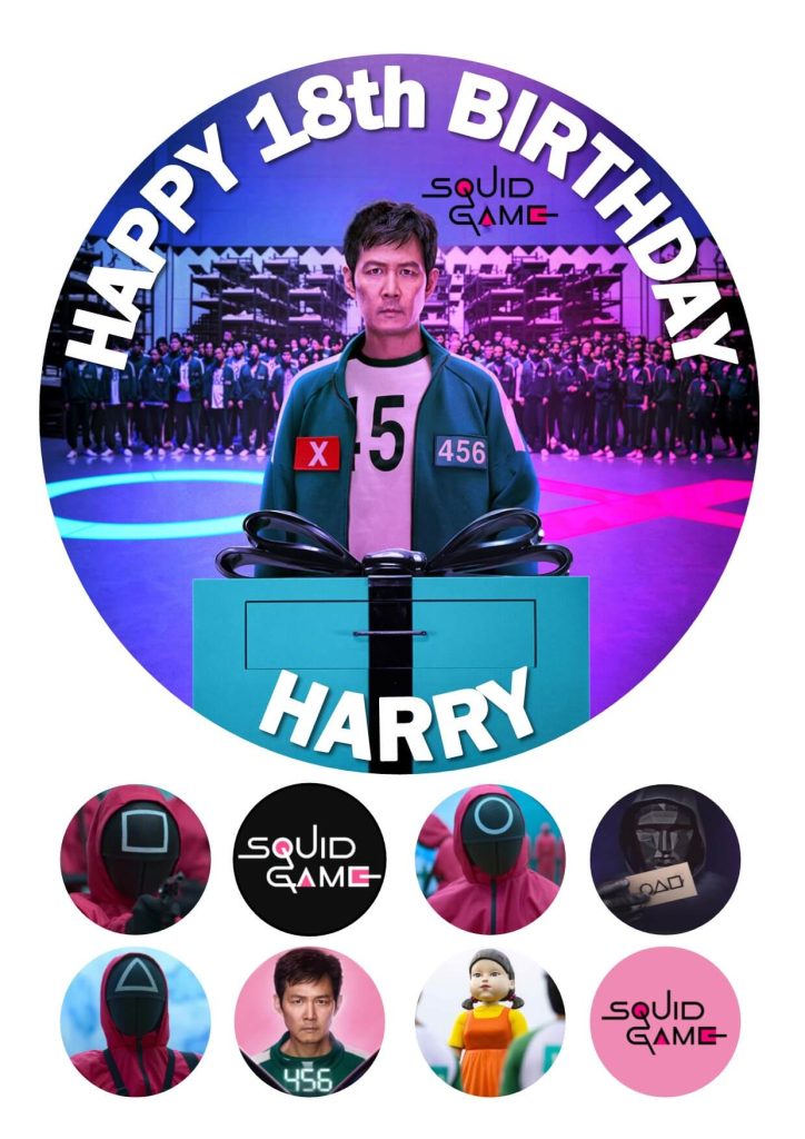 Squid Game TV Show Icing Birthday Cake Topper & 8 Cupcake Toppers