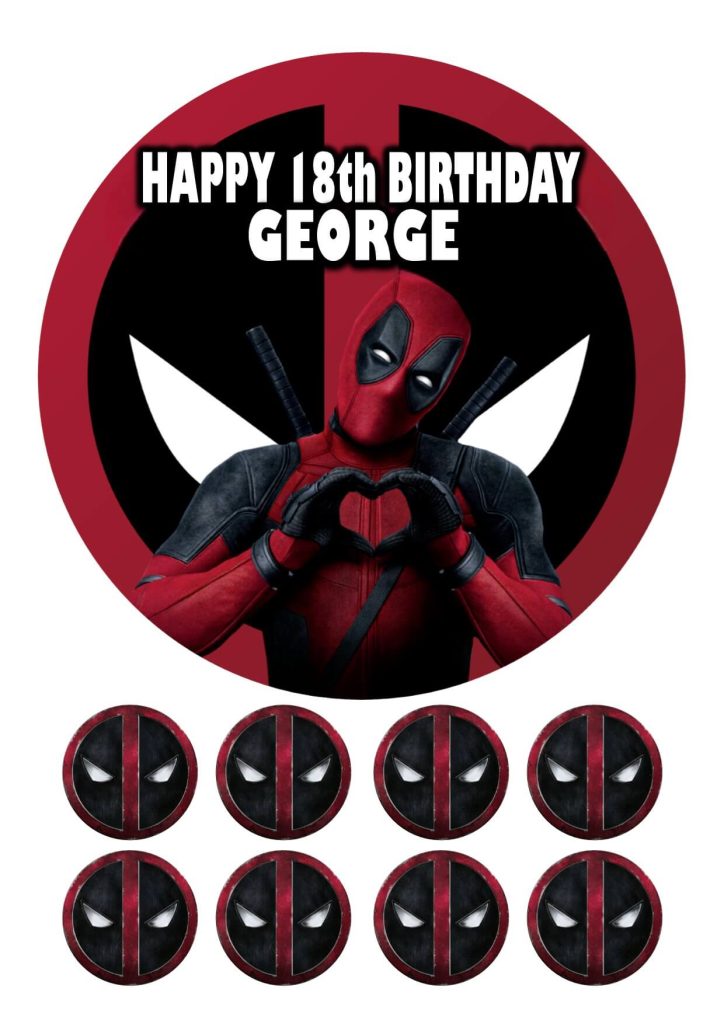 Deadpool Icing Birthday Cake Topper & 8 Cupcake Toppers