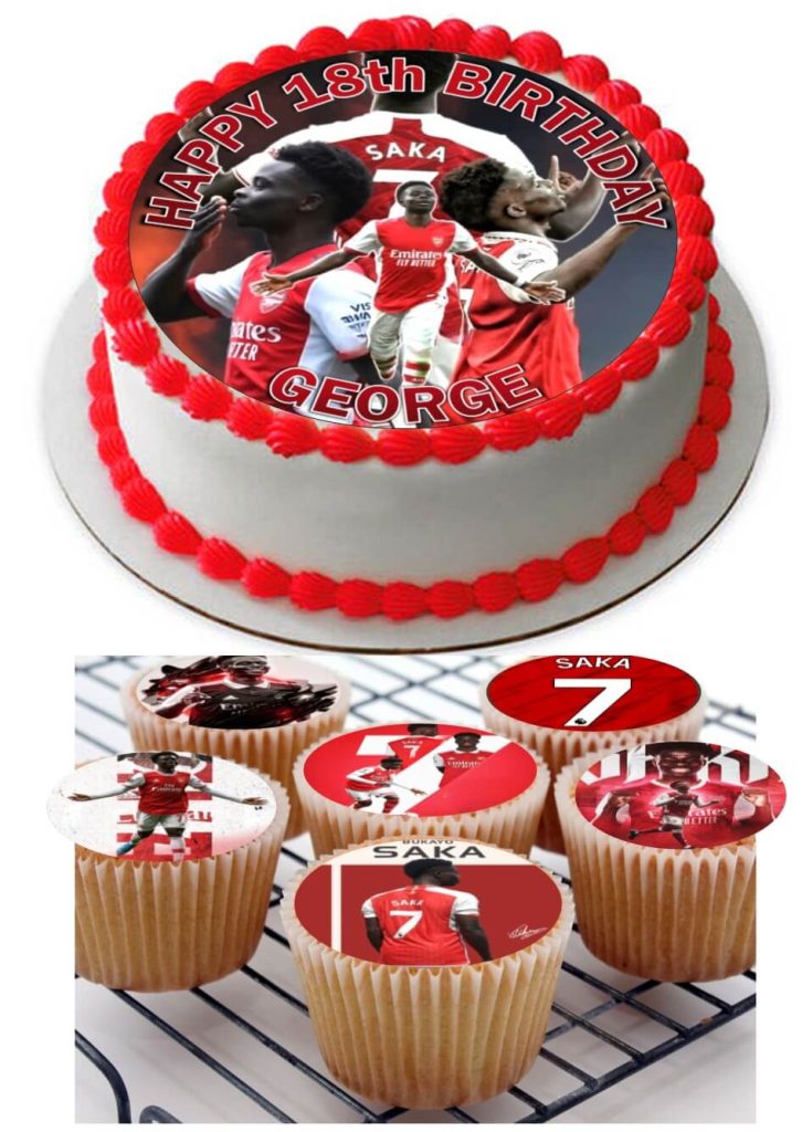 Bukayo Saka (Arsenal) Icing Birthday Cake Topper & 8 Cupcake Toppers