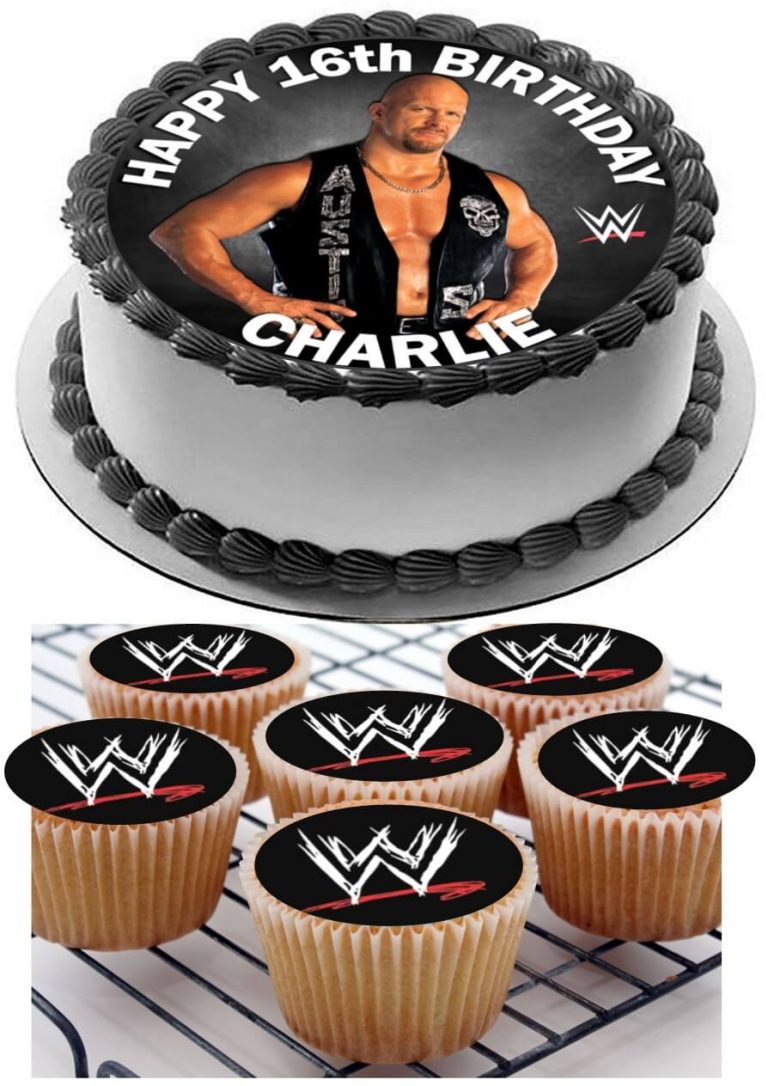 Stone Cold Steve Austin WWE Icing Birthday Cake Topper & 8 Cupcake Toppers