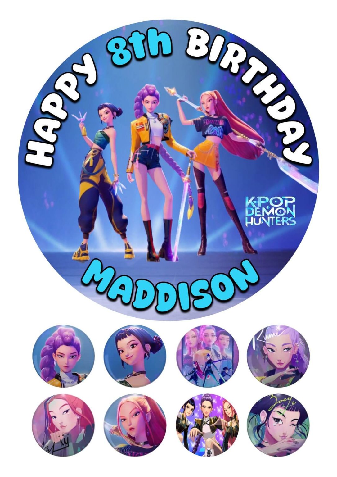 K-Pop Demon Hunters Icing Personalised Birthday Cake Topper & 8 Cupcake ...