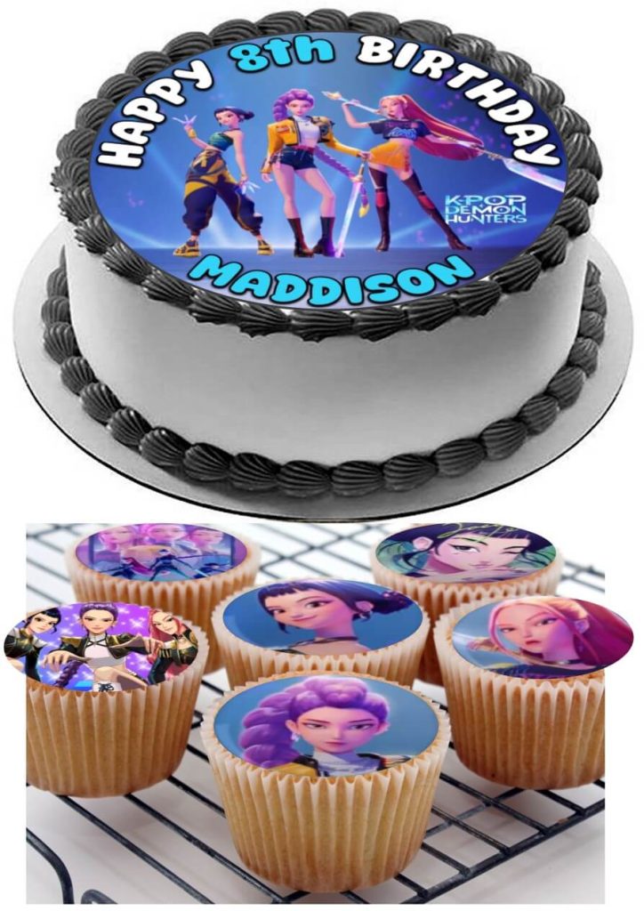 K-Pop Demon Hunters Icing Personalised Birthday Cake Topper & 8 Cupcake ...
